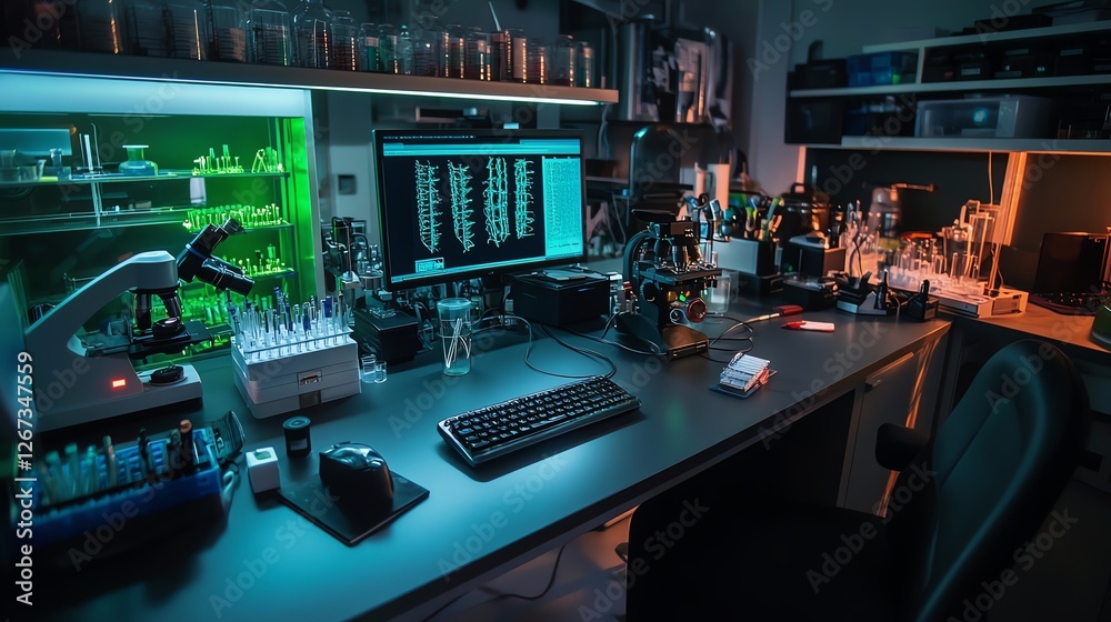 DIY biohacker s home lab with glowing test tubes, microscopes, and DNA ...