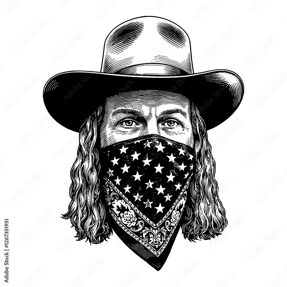 Badass Cowboy with Long Hair and Bandana Mask Portrait Black and White ...