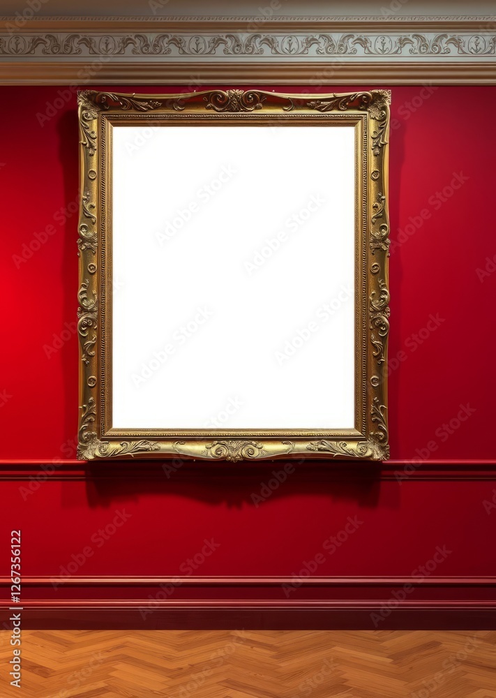 Antique art fair gallery frame on royal red wall at auction house or ...