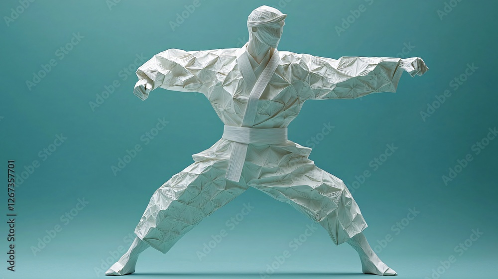 Origami martial artist, teal background, paper sculpture, fighting pose ...