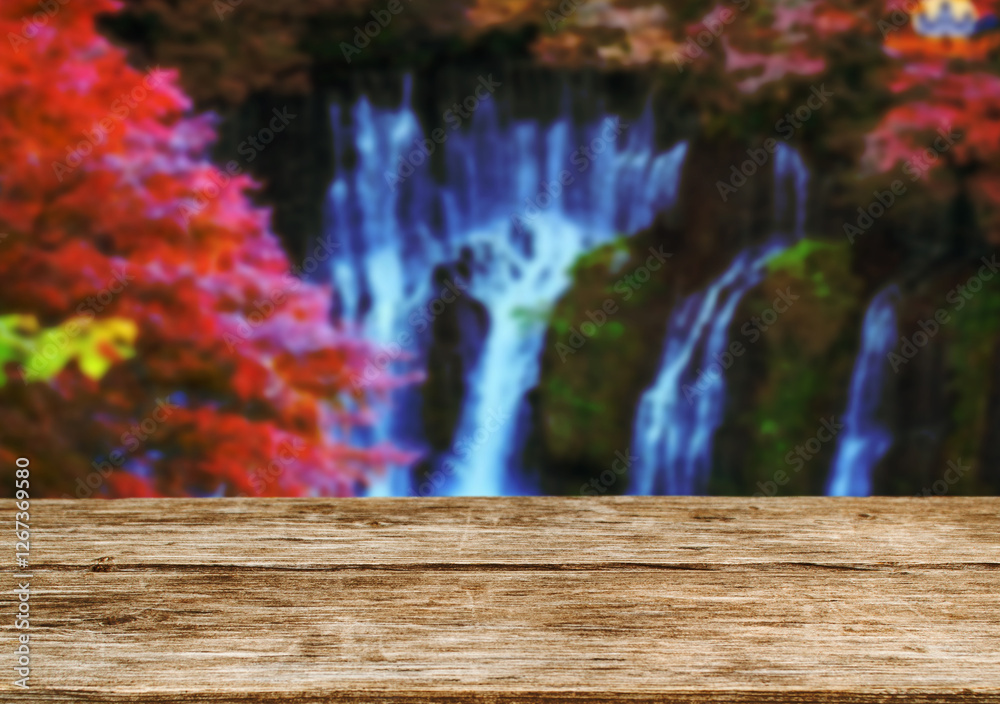 Wooden table top on blur stream water and forest natural background.For ...
