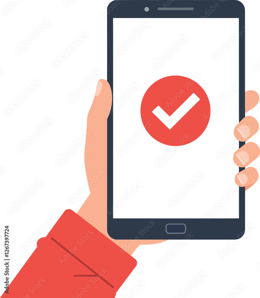 Person holding smartphone displaying a red check mark on screen Stock ...
