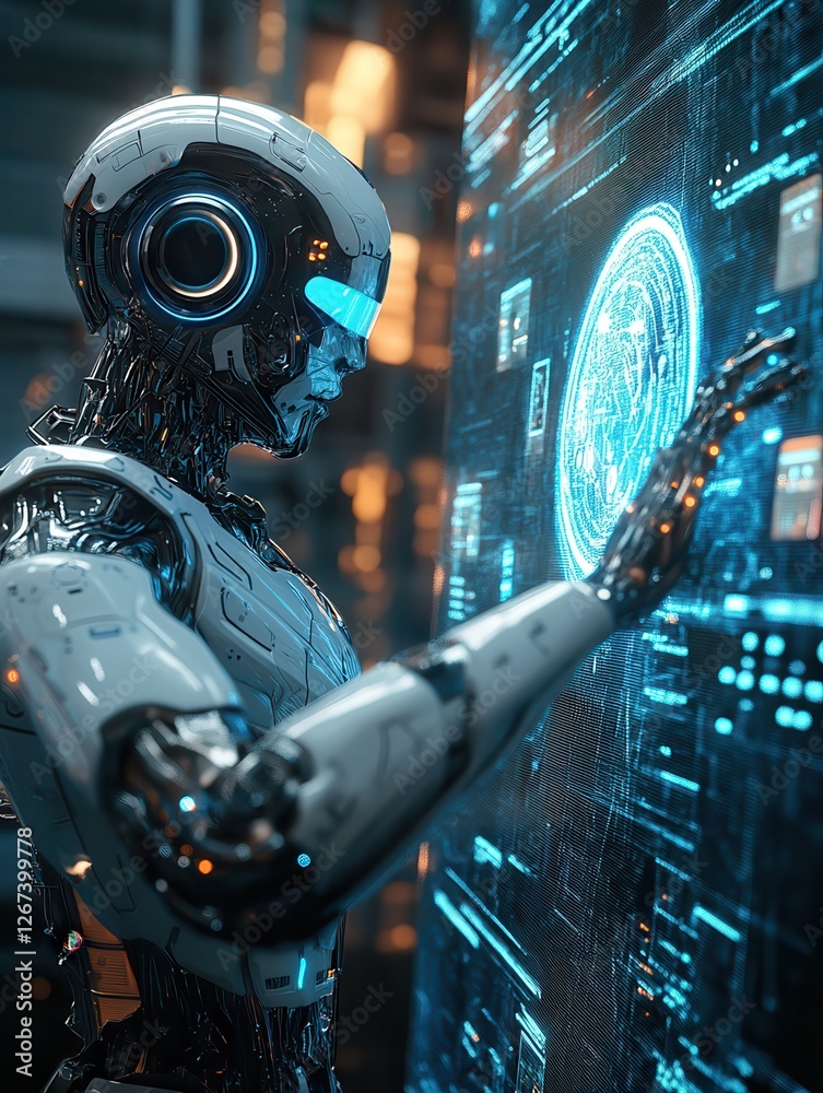 Design of a smart humanoid robot with artificial intelligence touching a hologram digital ...