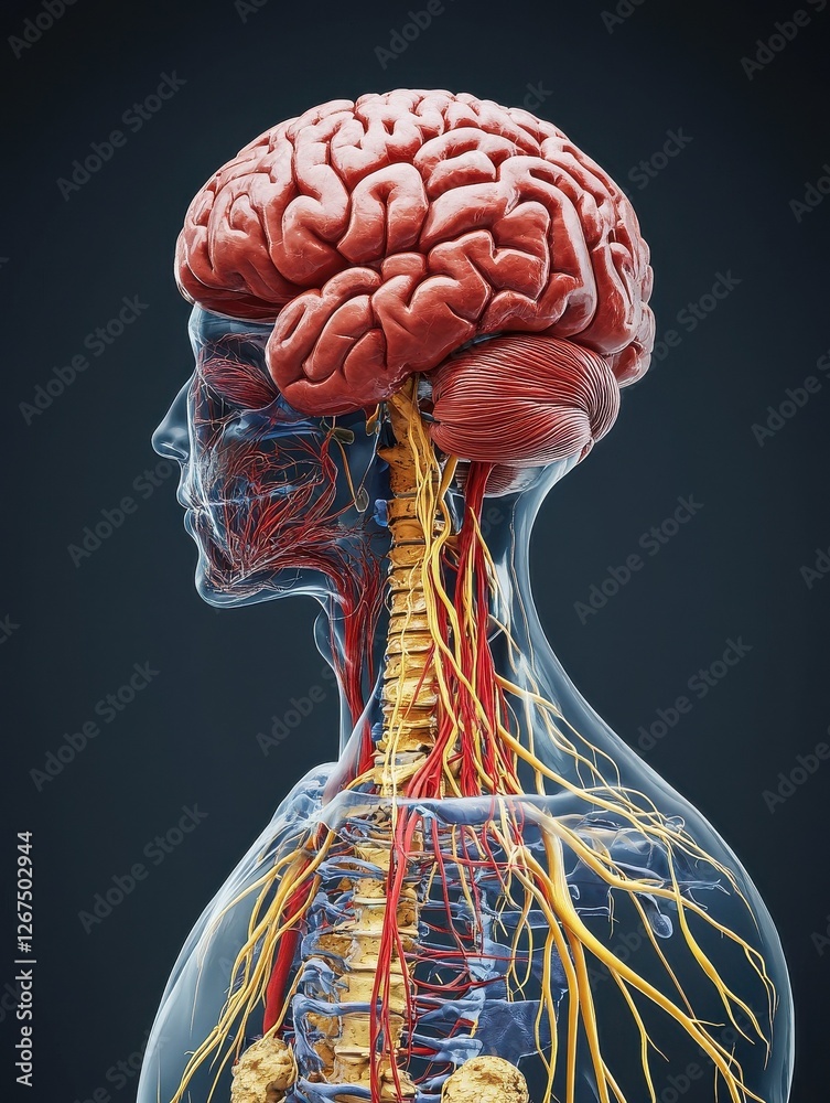 3D Anatomy of the Central Nervous System (CNS), Human Brain Organ, Spinal Cord Nerve Energy ...