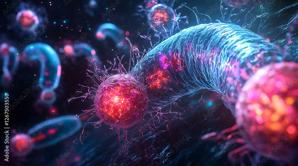 A futuristic scientific representation of parasites invading a host’s ...