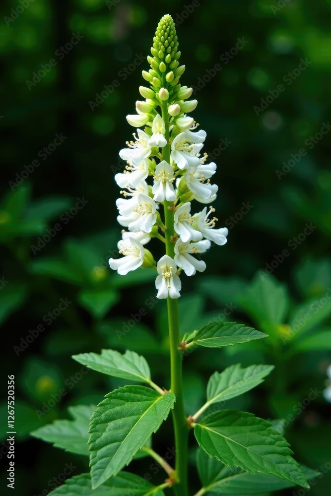 Tall black cohosh plant with white flowers and green foliage against a ...