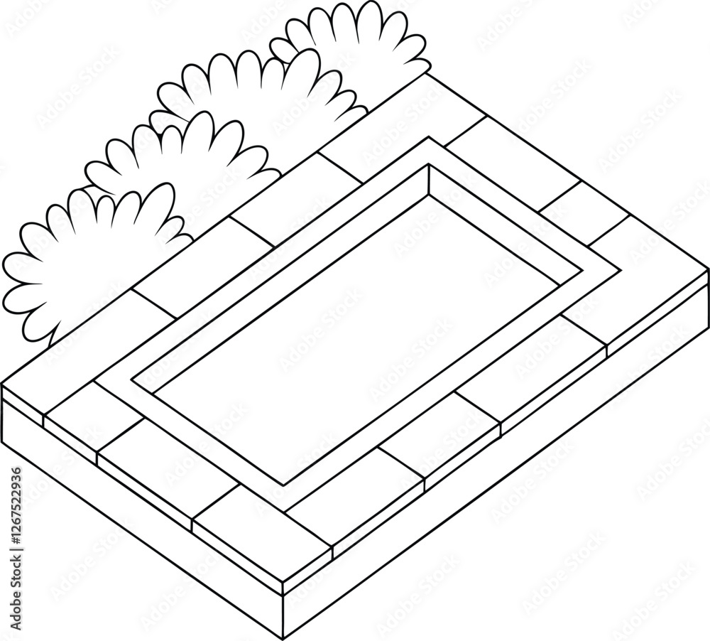 Isometric Drawing Rectangular Planter Box with Brick Border and Plants ...