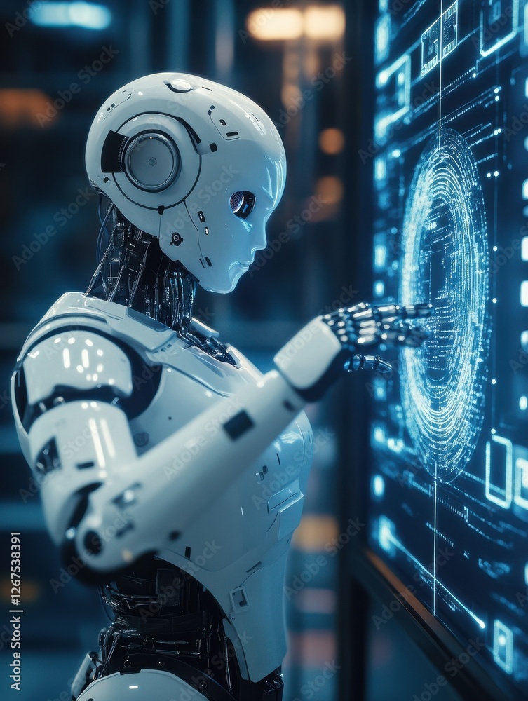 Design of a smart humanoid robot with artificial intelligence touching a hologram digital ...