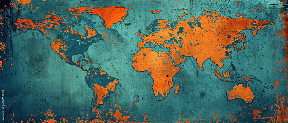 Dark patterned world map with red and dark blue colored worn aged ...