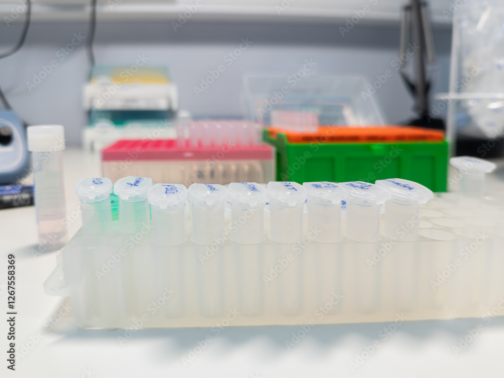 Plastic rack with eppendorf tubes in a laboratory on a working bench ...
