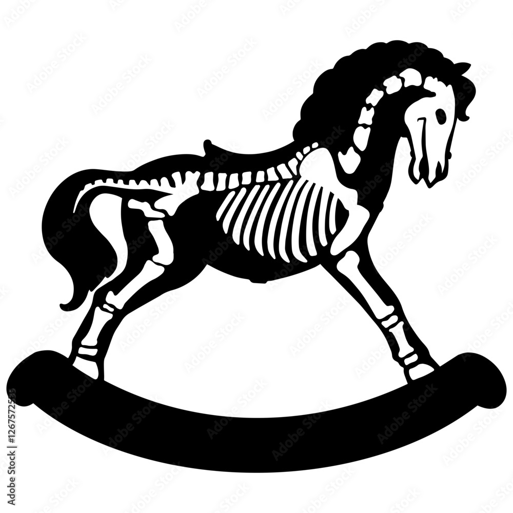 Black and white vector illustration of a rocking horse with a skeletal ...