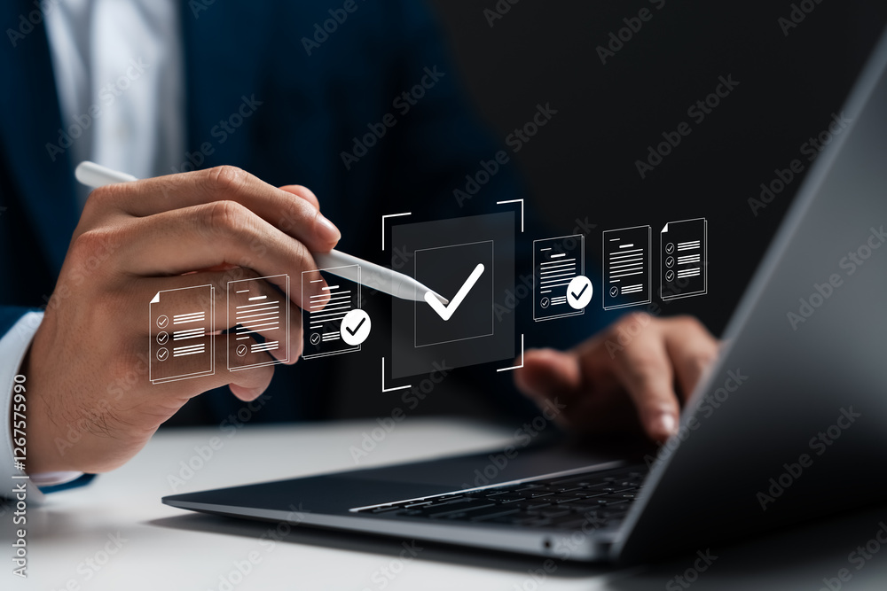 Foto de Stock Businessman using laptop with digital document icons ...