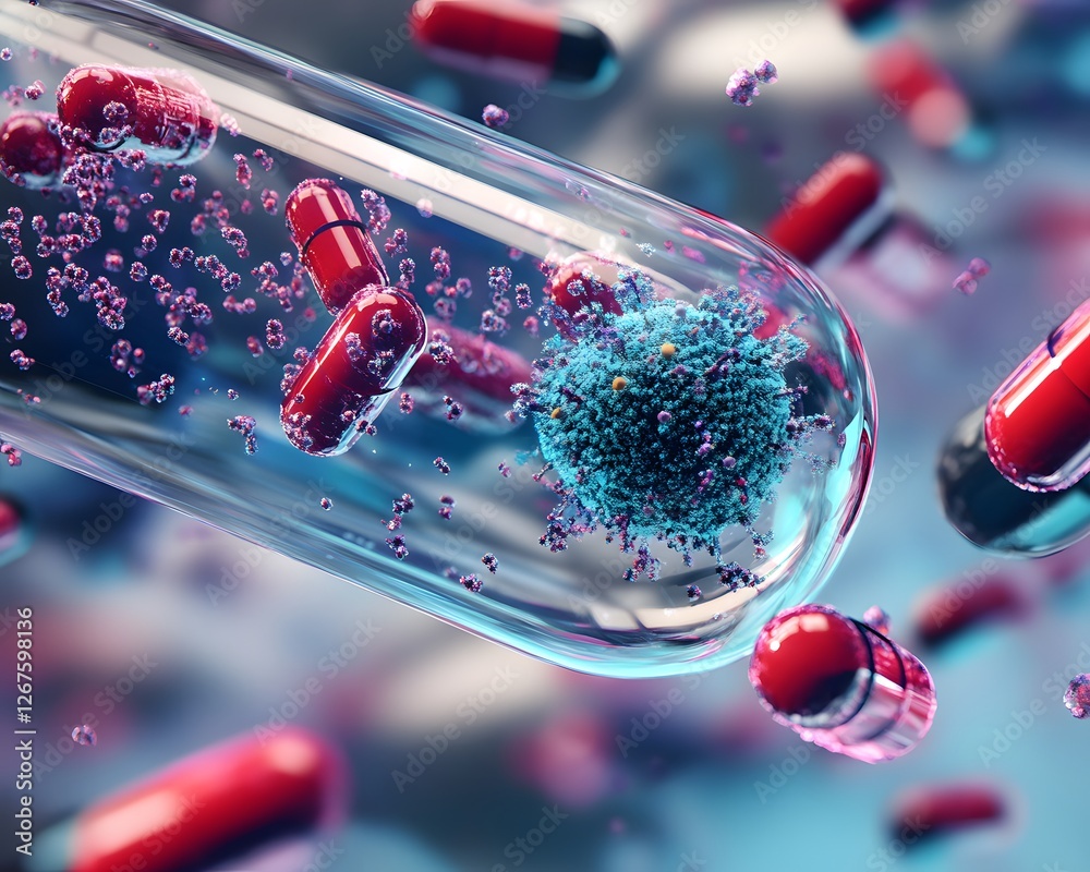 A detailed microscopic view showing a drug capsule approaching a cancer ...