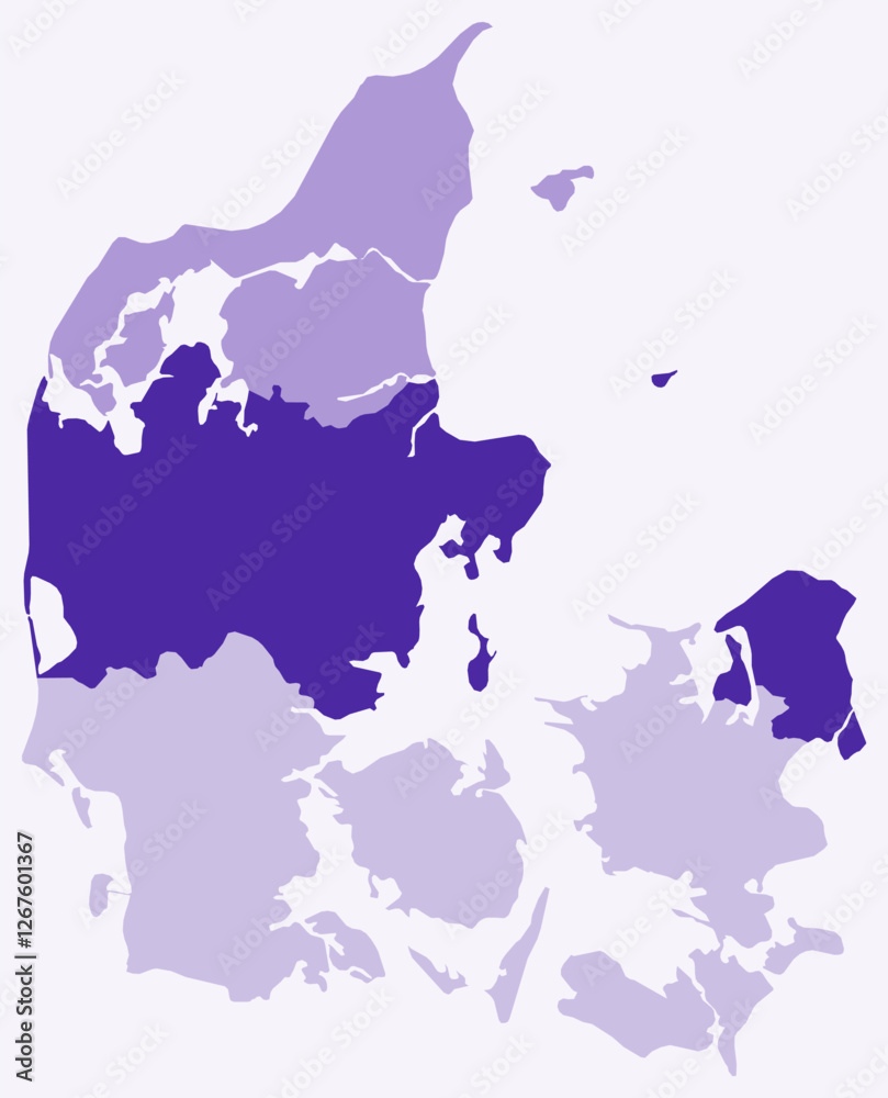 Map of Denmark with regions. Just a simple country border map with region division. Deep purple ...
