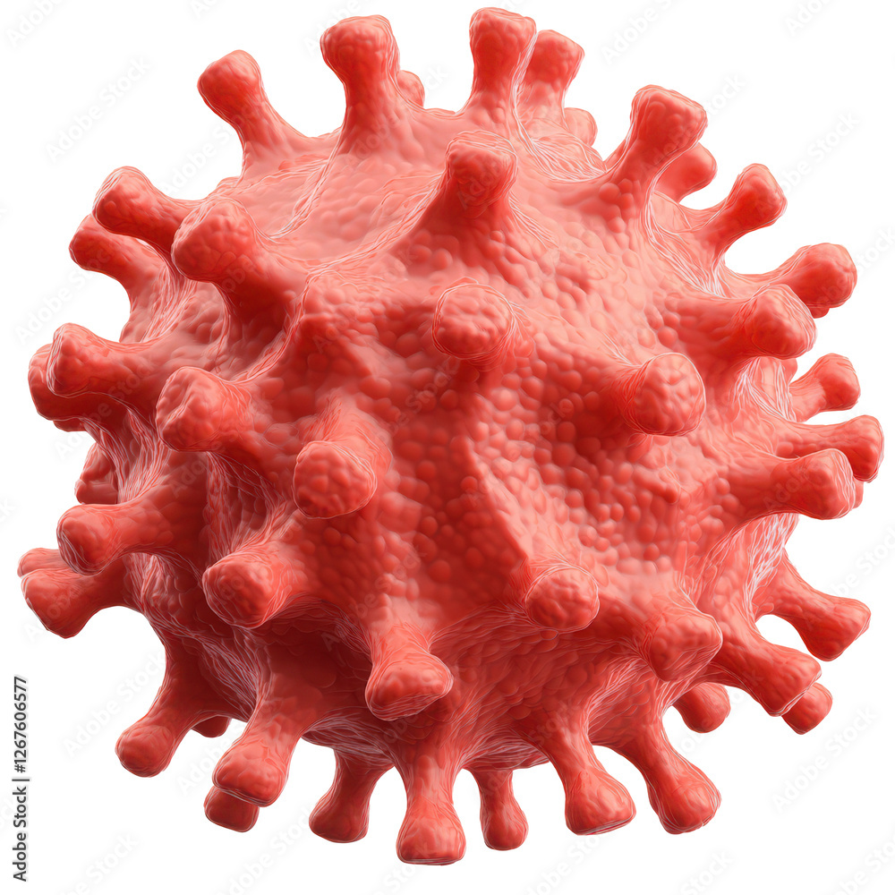 3D red virus featuring a rounded textured surface with small, circular ...