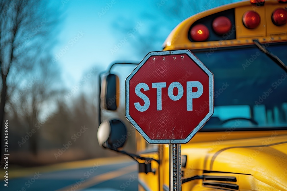 Red stop sign extended from yellow school bus, reflecting sunlight ...