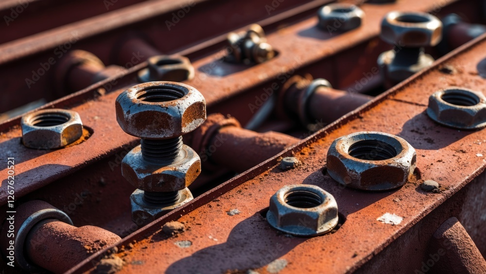 Rusted nuts and bolts on a steel beam of an old truss bridge showcasing ...