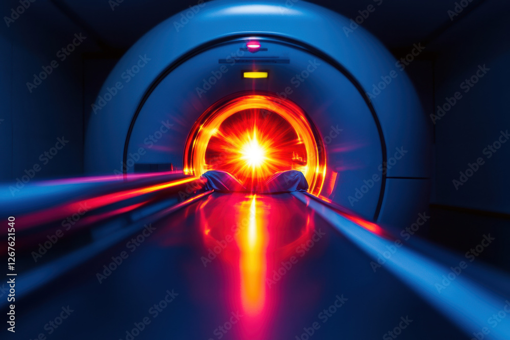 Mri scan machine glowing light in dark room medical imaging technology ...