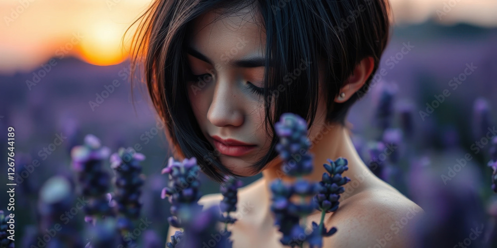 Mujer joven con cabello negro corto, pecas y ojos cerrados, abrazada ...