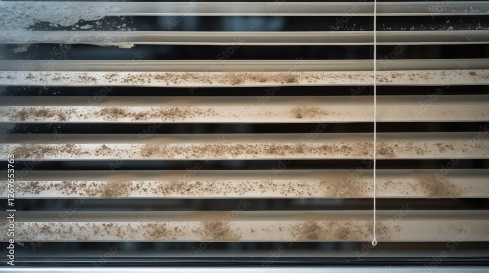 Foto de Stock Close-up of dusty louvered glass window showing urban ...