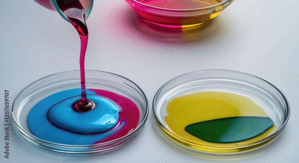 Vibrant colored printer inks and oil in glass dishes creating a ...