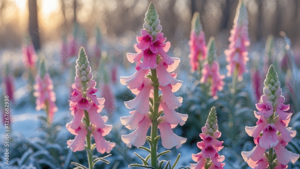 Pink Snapdragon Flowers Blooming in Snowy Winter Landscape Stock Photo ...