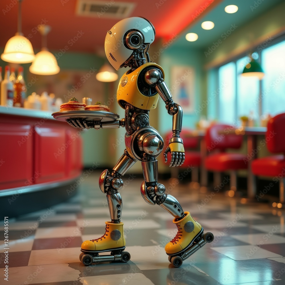 robot walking restaurant robot wearing yellow helmet holding tray ...