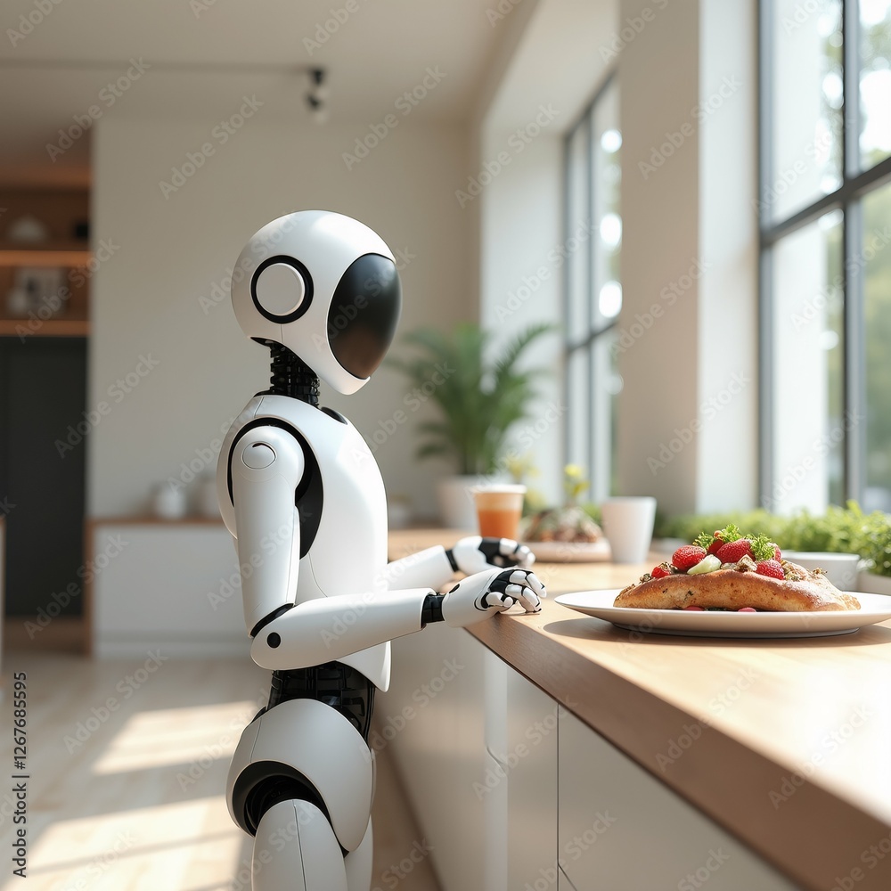 white robot standing modern kitchen robot has round head two black eyes ...
