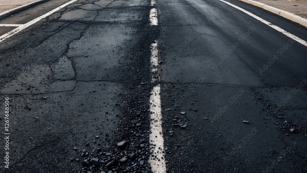 Cracked black asphalt road texture with white lane markings creating a ...