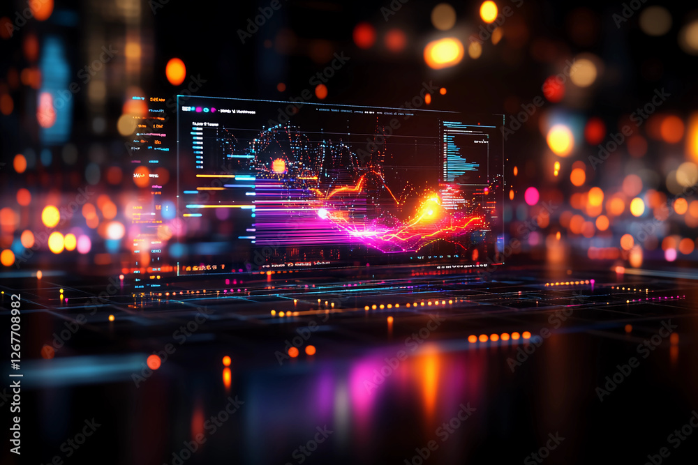 Ilustración de Stock Dynamic Digital Dashboard with Colorful Bar Graphs, Line Charts, Floating ...