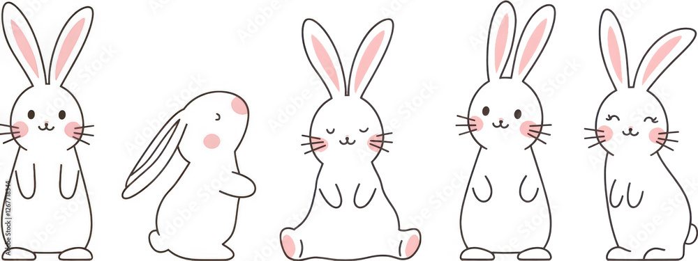 Cute bunny rabbit outline sketch vector illustration. Minimal bunny line art doodle in different ...