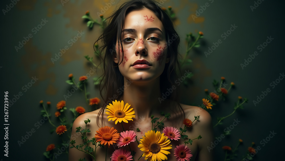 Young woman with flower patterns on the face surrounded by blooms ...
