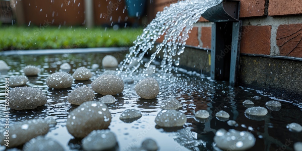 Water cascading from a downspout into a puddle with round stones ...