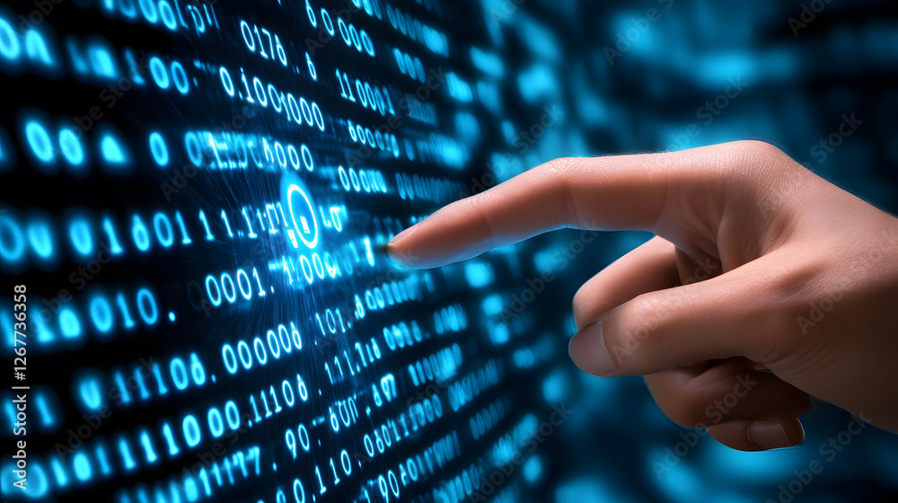hand interacts with digital interface displaying binary code, symbolizing technology and data ...