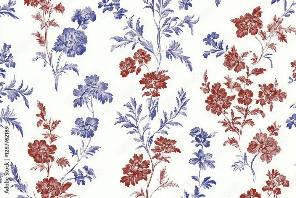 Seamless pattern of Toile de Jouy style featuring elegant wild flowers ...