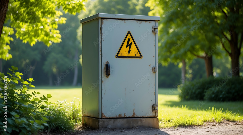 Metal electrical box with yellow warning sign and black lightning bolt ...