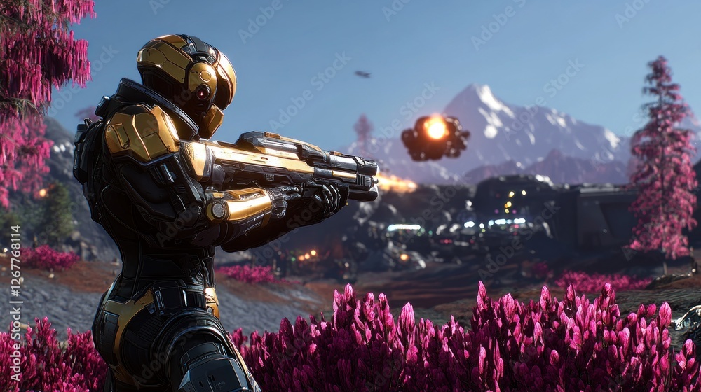 Sci-fi Battlefield: Golden Armored Soldier in Alien Landscape Stock ...