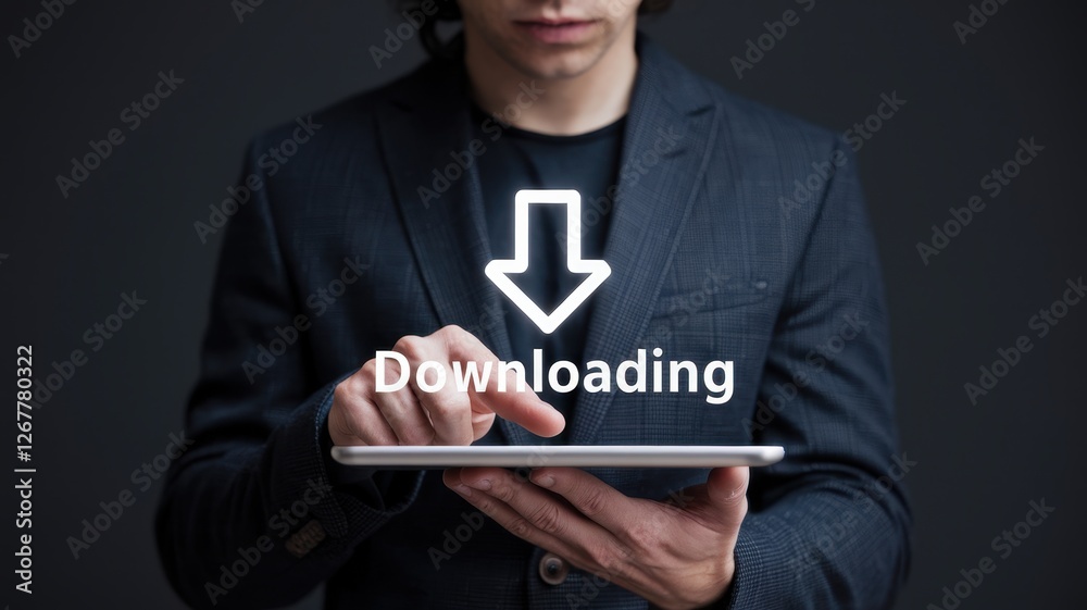 Man using tablet with downloading symbol and word overlayed Stock ...