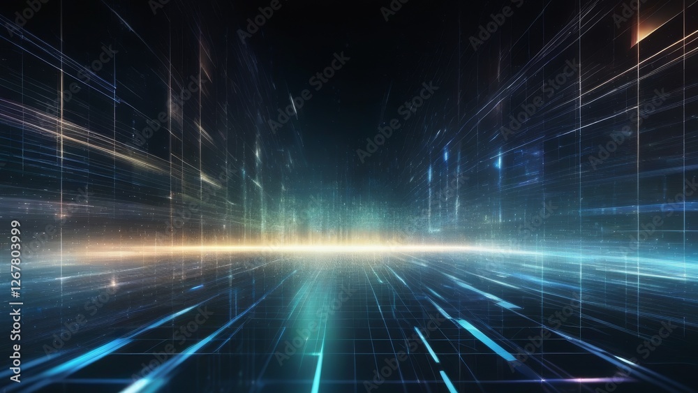 High-tech abstract grid with shimmering lights and motion blur ...