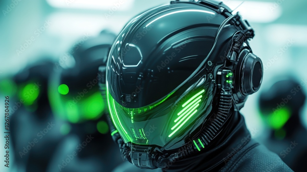 The image depicts a collection of futuristic helmets featuring glowing ...