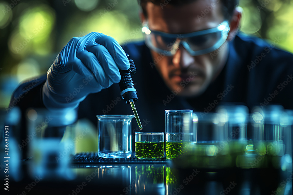 scientist in lab carefully testing algae biofuel with pipette ...