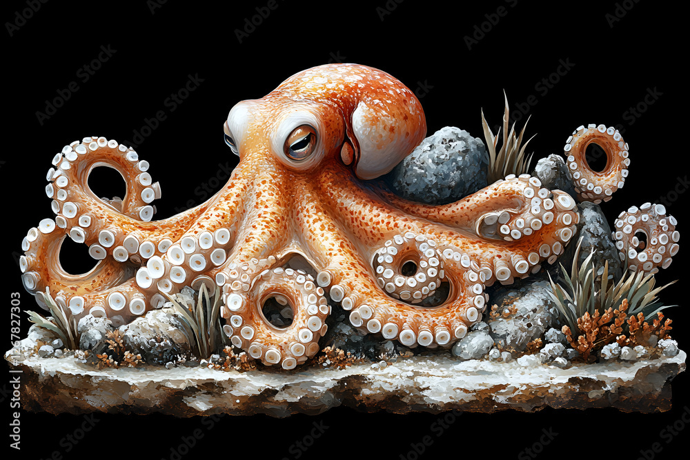 vibrant octopus with curled tentacles and suction cups rests on rocky ...