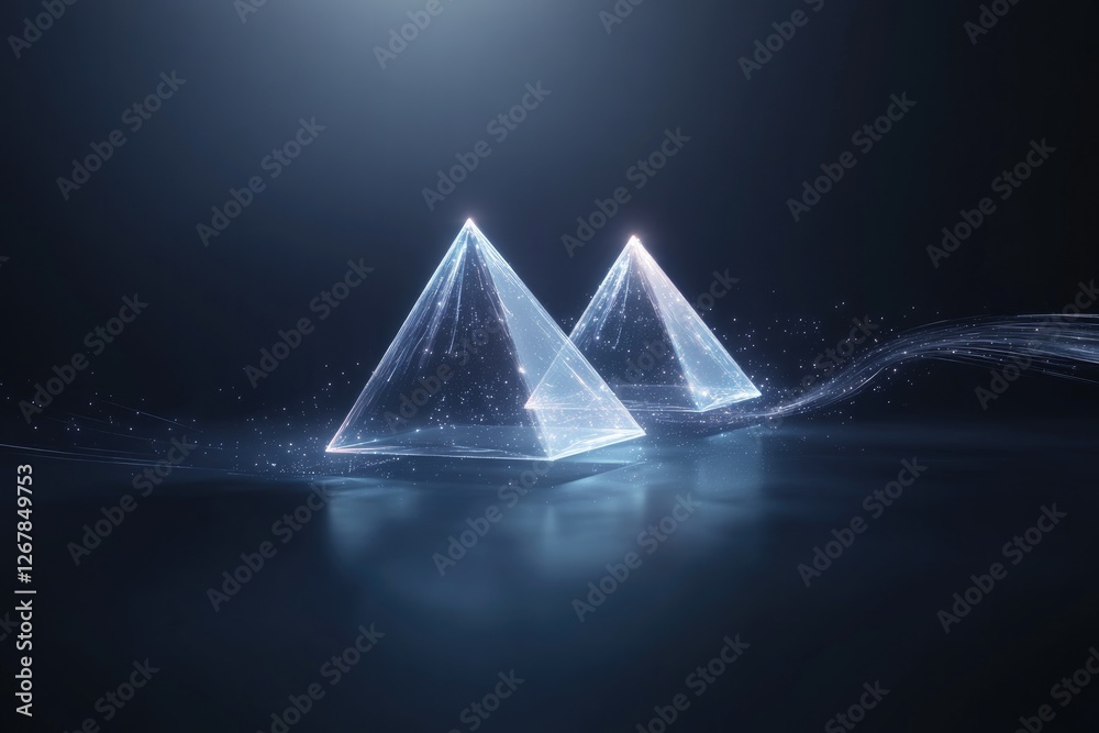 conceptual image of floating triangular prisms surrounded by glowing ...