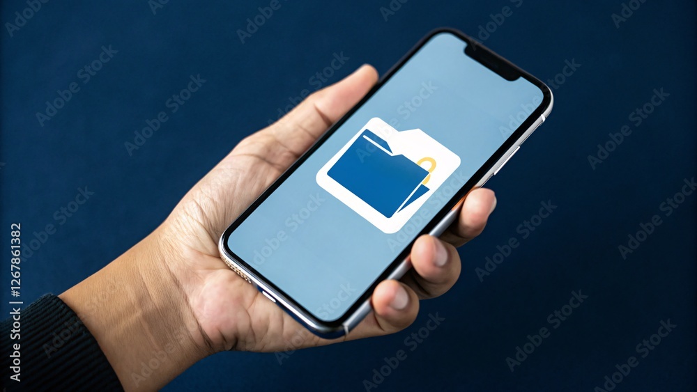 Hand holding mobile phone displaying folder icon representing digital ...