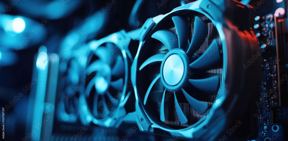 Powerful graphics card fans operate efficiently, cooling the components ...