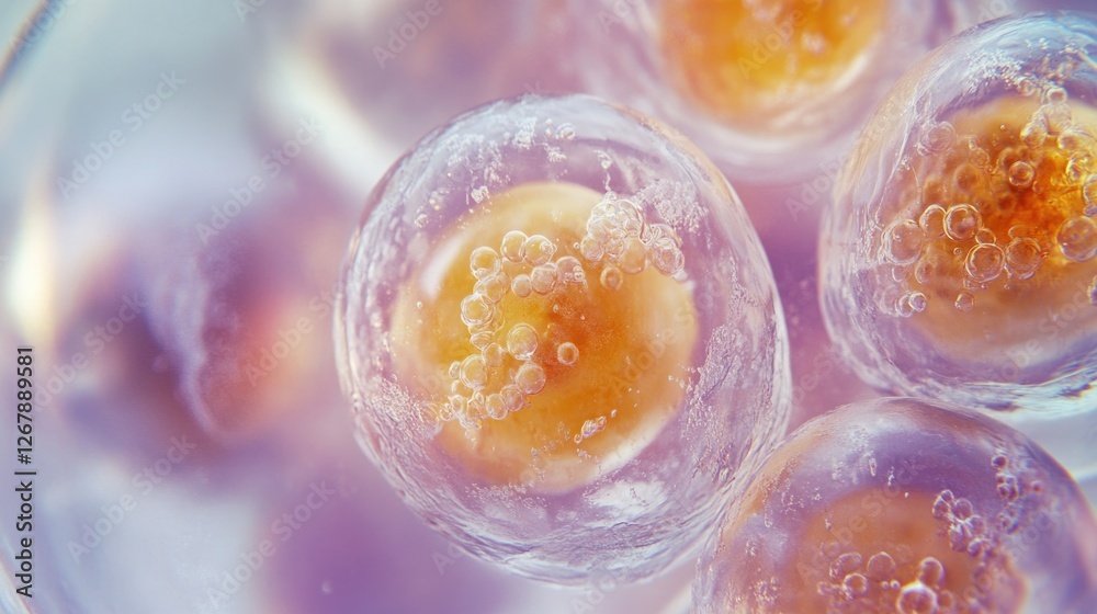 Microscopic view of vibrant biological cells with orange nuclei and translucent membranes Stock ...
