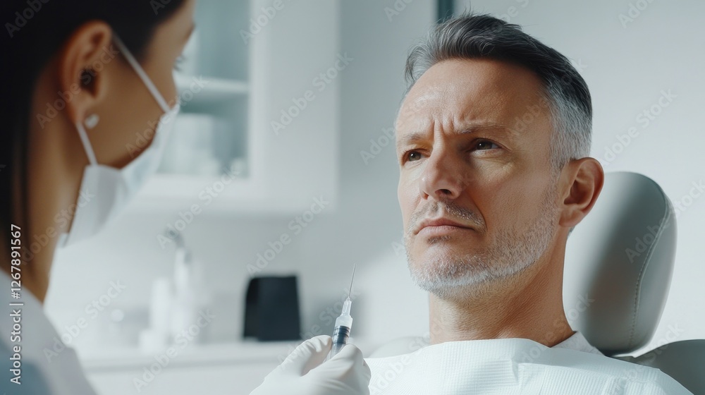Caucasian adult male at dentist clinic receiving anesthetic injection ...