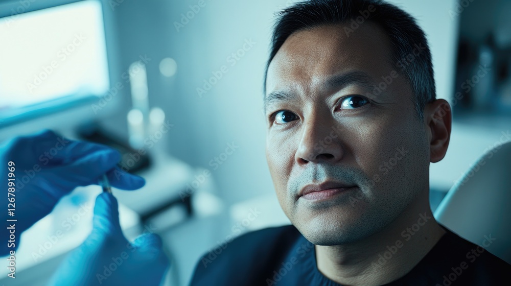 Asian male adult in dental clinic examined by gloved dentist. Facial ...