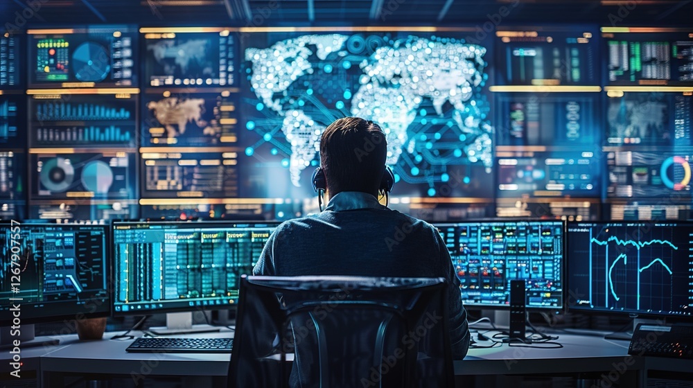 A network operations center (NOC) with large wall-mounted screens ...