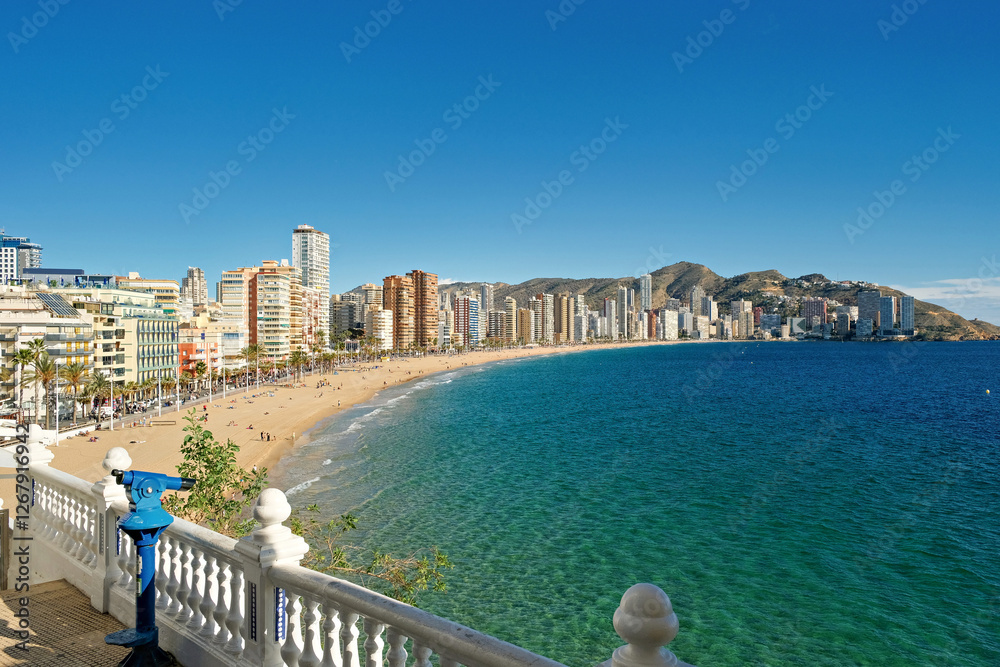 View to benidorm city and Levante beach near Mediterranean sea ...